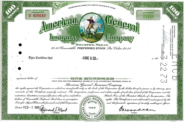 AMERICAN GENERAL INSURANCE Company 1968 (100 Shares Pref.) Green, Horse ...