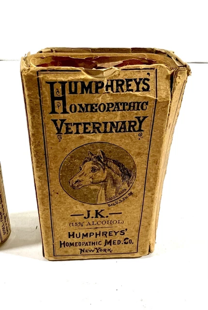 ANTIQUE HUMPHREYS JK MEDICINE Horse Glass Bottle W Orig Box Label Book ...