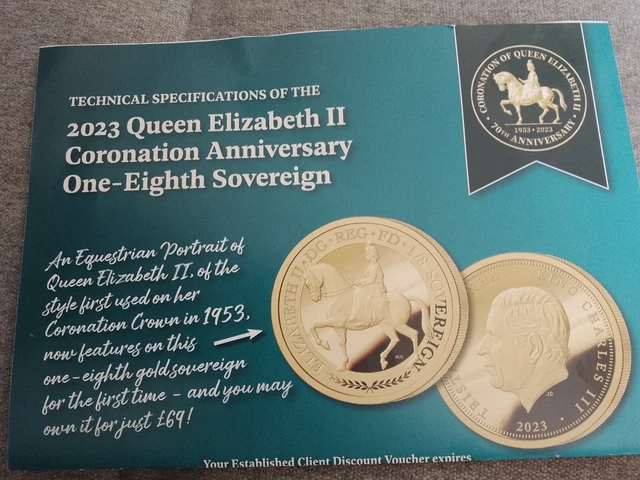 ONE EIGHTH SOVEREIGN 22ct Gold Queen Elizabeth Coronation Anniversary 1 ...