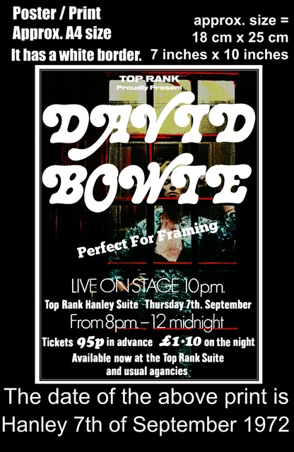 DAVID BOWIE LIVE concert Hanley Top Rank 7th September 1972 A4 size ...