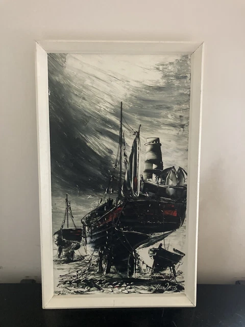 LARGE ORIGINAL OIL Painting On Board-Boats Tied Up Signed - Bill Hawkes ...
