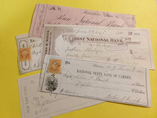 5 ANTIQUE 1800S BANK CHECKS 2 WITH REVENUE STAMPS $5.00 - PicClick