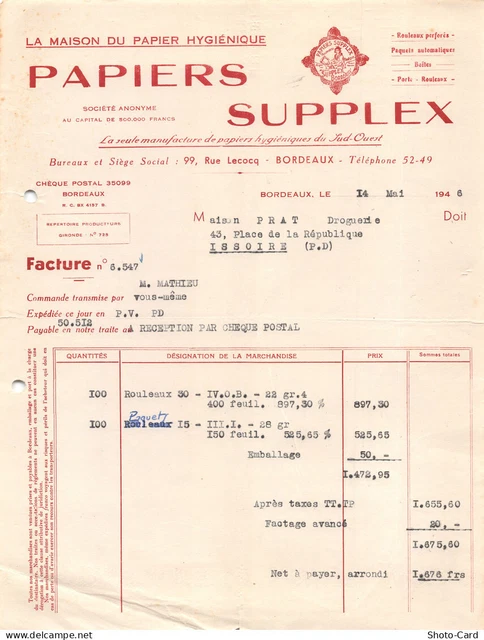 1946 LA MAISON Du Papier Hygienique Papiers Supplex A Bordeaux-M. Prat ...