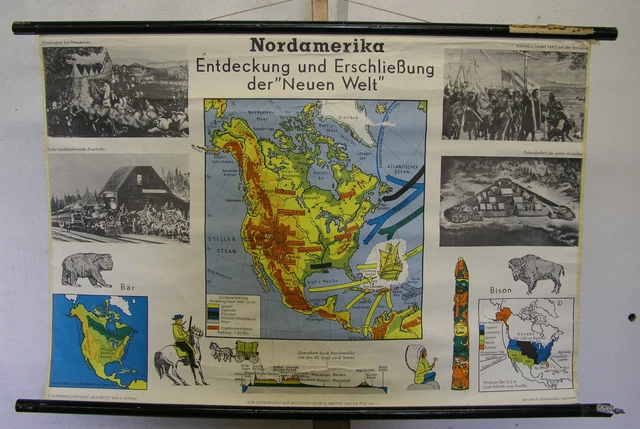 SCHOOL WALL MAP America New World Explorers Buffalo Bear 97x66cm Card ...
