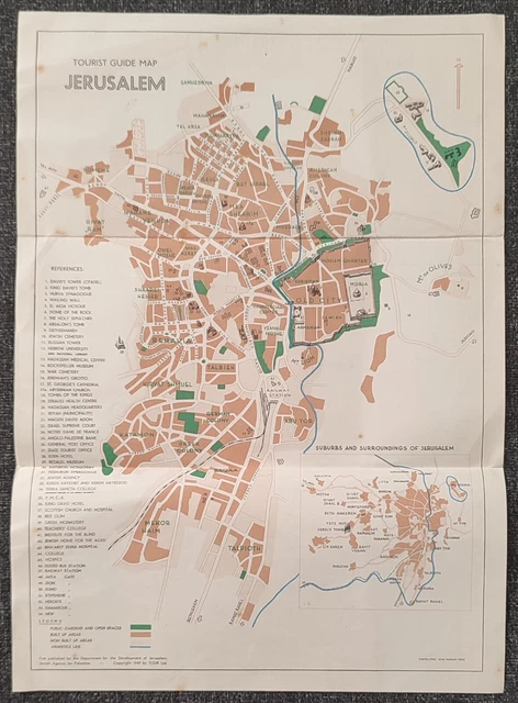 JERUSALEM TOURIST GUIDE Map 24x33.3cm Israel Palestine 1949 - Jewish ...