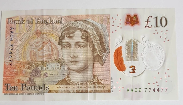 10 POUND NOTE with a low serial number. AA06 774477. circulated creased ...