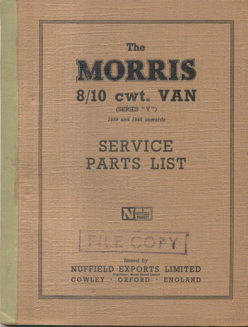 MORRIS 8/10 CWT Van Serie Y Original Illust. Service Teileliste 1939 ...