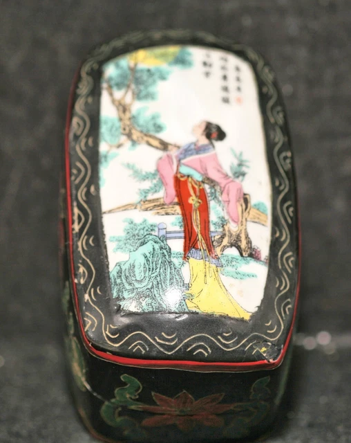 VINTAGE CHINESE HAND Painted Lacquer Box w/ Porcelain Tile Insert EUR ...