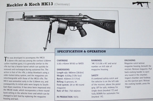 HECKLER & KOCH HK13 Machine Gun Picture Out of Print Spec Sheet Article ...