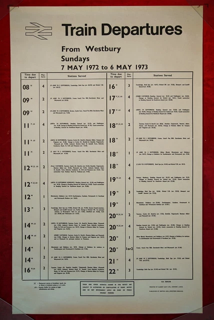 WESTBURY STATION BR Original Rail Poster Train Timetable Sundays Dr ...