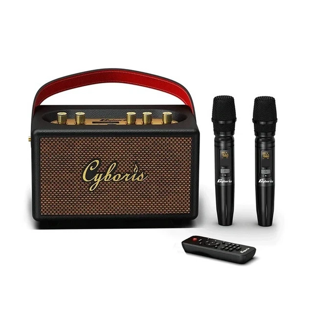 RETRO KARAOKE 80W Power Wireless Bluetooth Speaker + 2 microphones Boom ...