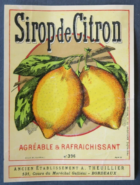 ANTIQUE LABEL LEMON SYRUP N°396 THEUILLIER BORDEAUX Lemon Label £7.28 ...