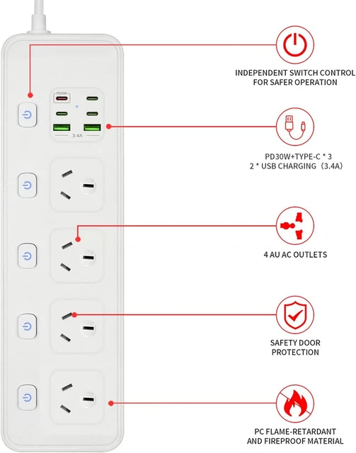 EXTENSION LEAD WITH 6 USB Slots, 4 Way Plug Extension Socket Surge ...