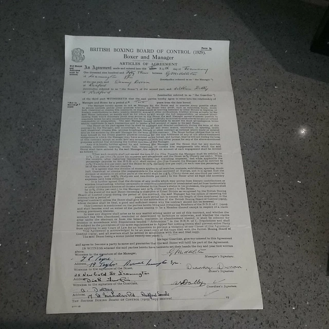 ARTICLES OF AGREEMENT of boxer Danny Doran of Leamington Spa Jan 20th ...