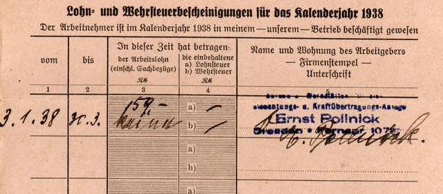 121/466 STEUERKARTE JAHR 1938 LOHN.- u. WEHRSTEUERBESCHEINIGUNG DRESDEN ...