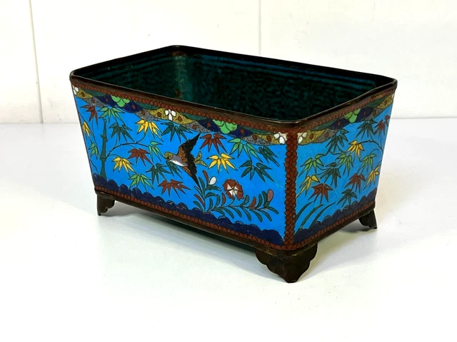 ANCIENNE JARDINIÈRE ÉMAIL Cloisonné Décor Bambous & Oiseau ASIE XIXème ...