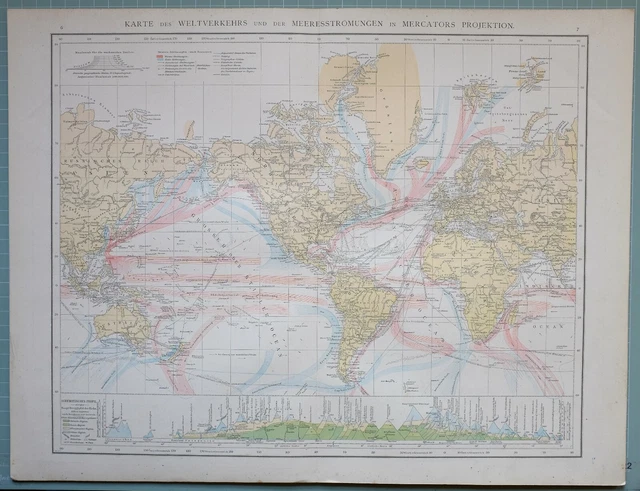 1881 MAPA ~ Mundo Comercio Océano Currents Mercator Proyección Land Alturas EUR 71,91 - PicClick FR