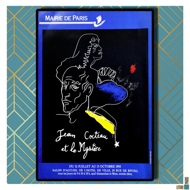 JEAN COCTEAU/1993/AFFICHE RARE/EXPO Paris/ Hotel de Ville/Cinéma/Art ...