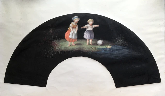 ANCIEN ÉVENTAIL XIXE siécle gouache enfant tissus beaumont projet ...