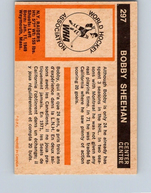 VINTAGE WHA Hockey Card Opc 1972 Bobby Sheehan New York Raiders No221 ...