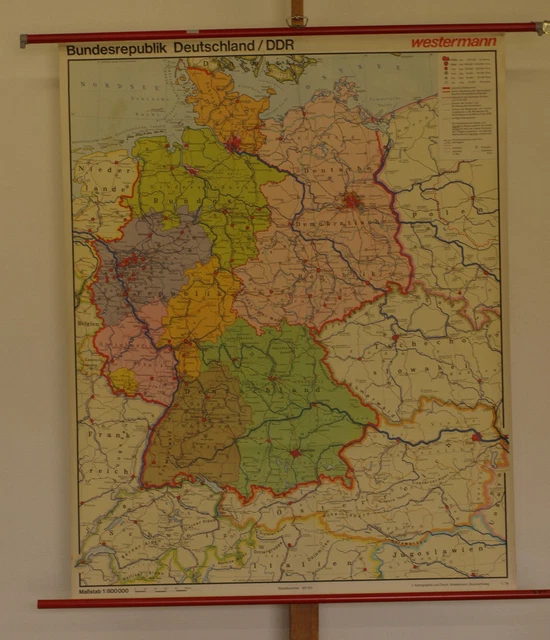 SCHOOL WALL MAP wall map BR Germany FRG + DDR political 1976 108x135 ...