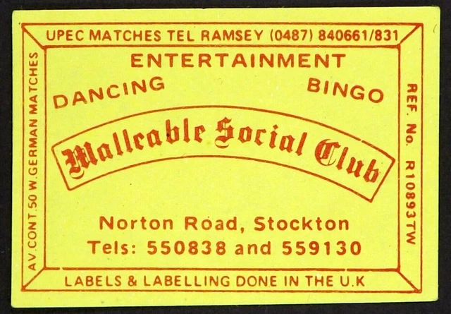 MATCHBOX LABEL UPEC Malleable Social Club Stockton on Tees MH793 £2.74 ...