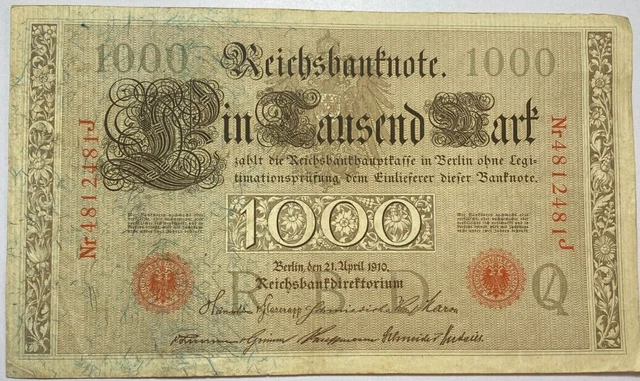 GERMAN IMPERIAL REICHSBANKNOTE 1000 Marks Red Seal 1910 - 100 years old ...
