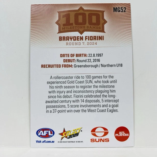 2025 SELECT AFL Footy Stars 100 Milestone Games Brayden Fiorini Gold ...