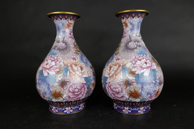 GRANDE PAIRE DE vases chinois cloisonnés 31 cm / 12,4 pouces rose mille ...