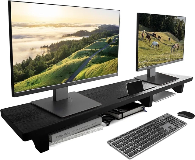 LARGE DUAL MONITOR Stand Riser, Solid Wood Desk Shelf with Rustic Black ...