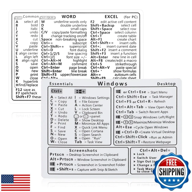 2PCS WINDOWS SHORTCUT Sticker, Excel Cheat Sheet, Shortcut Stickers for ...