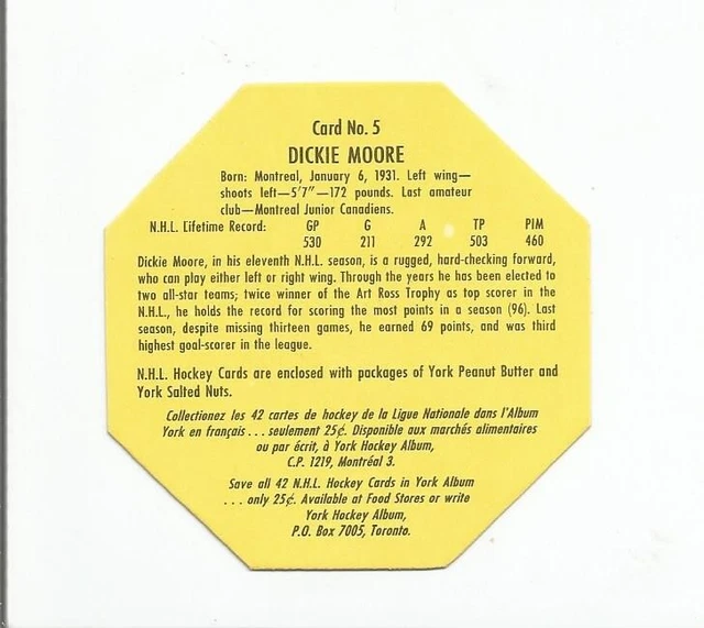 1961-62 DICKIE MOORE York Peanut Butter Hockey Disc Card #5 " High ...