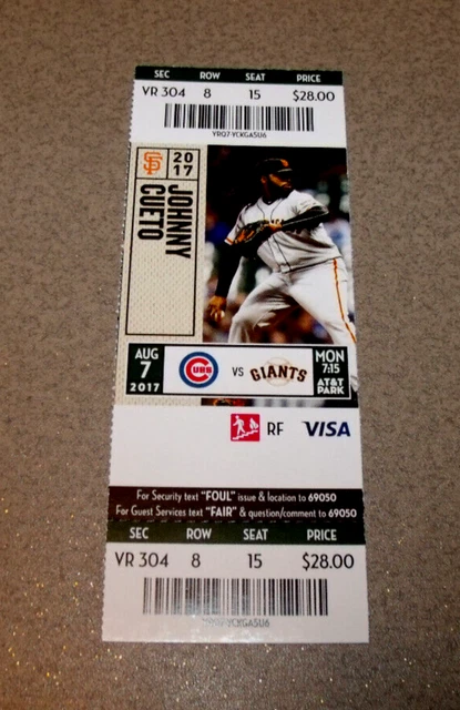 SF GIANTS 8/7/2017 Ticket Stub v Chicago Cubs Javier Baez HR Rizzo 3 ...