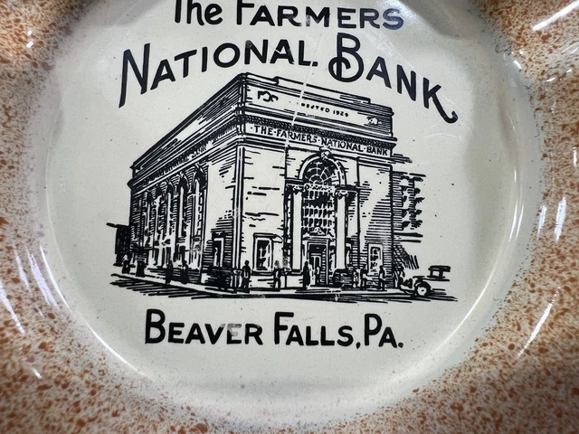 ANTIQUE ING-RICH PORCELAIN “The Farmers National Bank” Ashtray Beaver ...