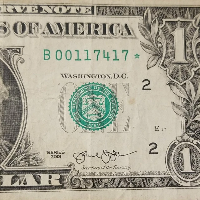 $1 ONE DOLLAR Bill Star Note 2013 B Duplicate Serial# B00117417* within ...