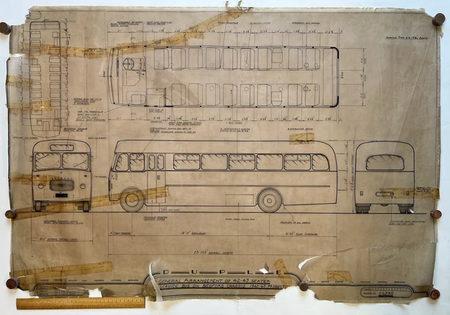 ORIGINAL 1961 BODYWORK Design Scale Drawing on Trace- Duple GA of 42-43 ...