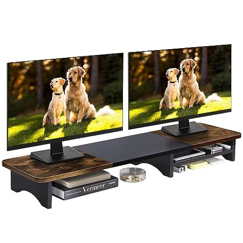 DUAL MONITOR STAND Riser Sturdy Wood Desk Shelf with Underneath Storage ...