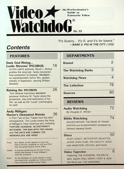 VIDEO WATCHDOG MAGAZINE No. 53 1999 Psycho Alien Franchise Andy ...