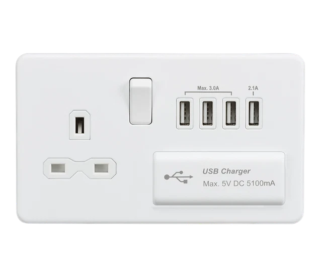 SCREWLESS 13A SWITCHED socket outlet with quad USB charger - Matt white ...