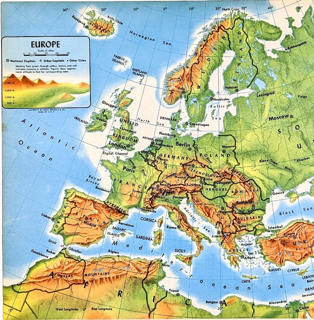 1956 EUROPE MAP Topographical Elevations France Turkey Asia Yugoslavia ...