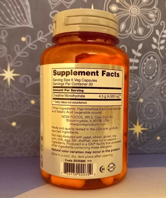 NOW SPORTS CREATINE Monohydrate Mass Building Energy Production 120 Veg ...