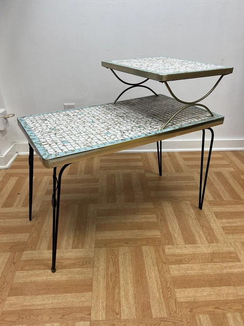 MID CENTURY MODERN STEP TABLE PAIR Tile Top vintage side end accent mcm ...