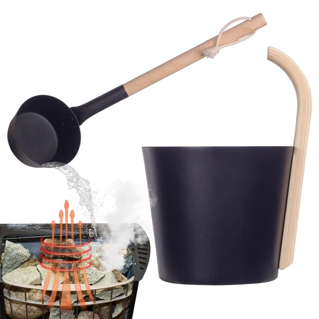 SAUNA STEAM ROOM Accessories Set Aluminium Bucket and Ladle Bamboo ...