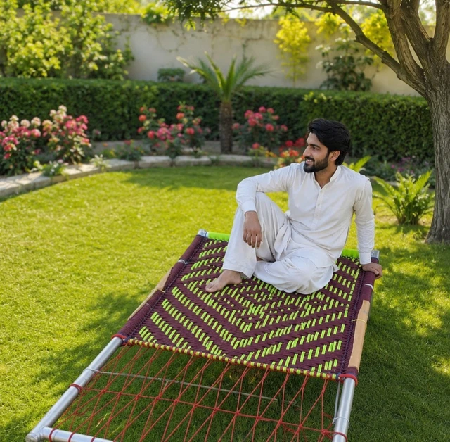 PAKISTANI LEG FOLDING Charpai Heavy Duty Metal Frame Nawar & Nylon Bed ...