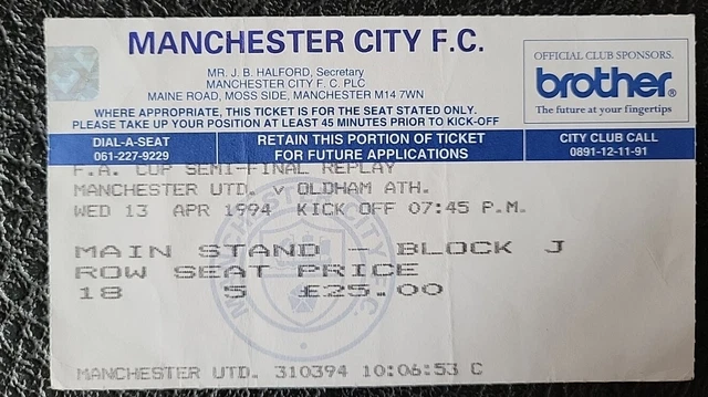 TICKET STUB MANCHESTER United V Oldham 1994 FA Cup Semi Final Replay ...