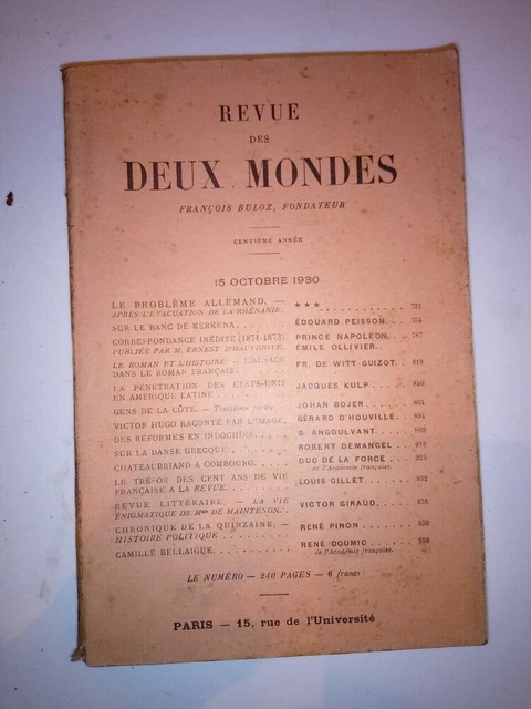 REVUE DES DEUX mondes 15 Octobre 1930/ François Buloz EUR 5,00 ...
