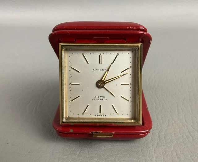 TURLER 8 DAY Desk Clock Travel Alarm Having 15 Jewels & Leather Case ...