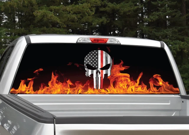 PUNISHER SKULL FIREFIGHTER Fire Flames Rear Window Decal Graphic for ...