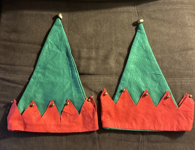 2 ELF STOCKING Cap Felt Polyester Large Adult With Bells! Green & Red £ ...