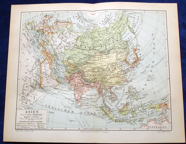 MAPPA POLITICA ASIA intorno al 1885 Arabia Russia Cina India Siam ...